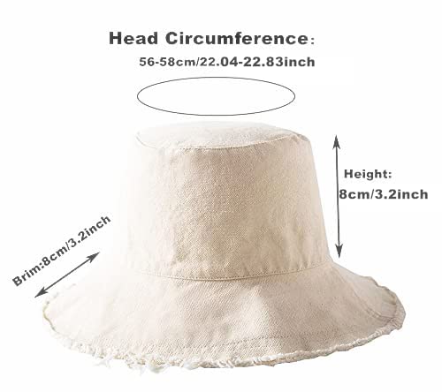 Bucket-Hat-Distressed Sun-Protection Washed-Cotton Beach-Sun-Hat - Summer-Wide-Brim(3.2inch Brim) Beach-Cap(Size:S-M) Beige