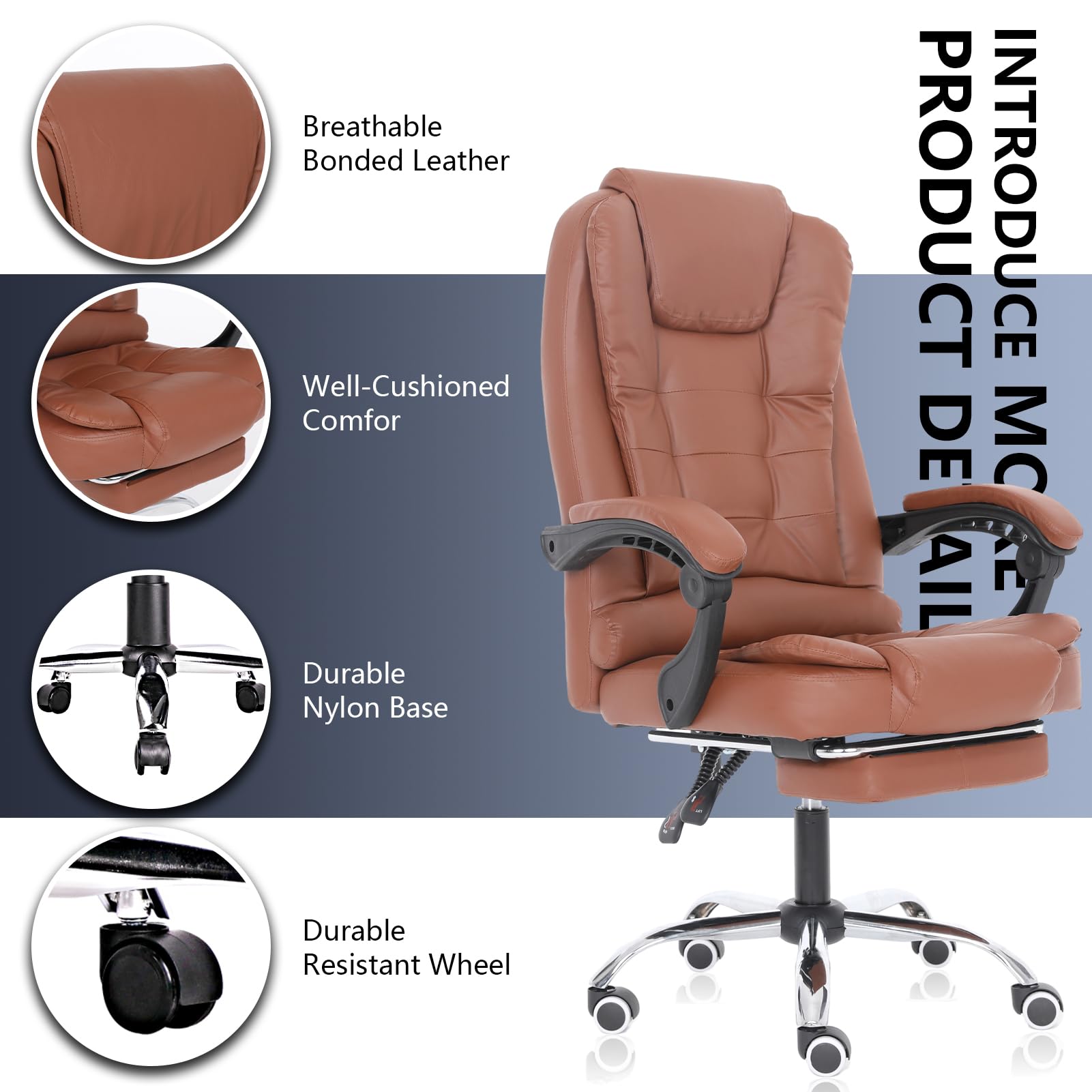Bioopts Massage Office Chair Executive High Back Chair Lumbar Support Computer Desk Chair Ergonomic PU Leather-Padded Swivel Chair Reclining Task Chair with Footrest for Home Office Work(Light Brown)