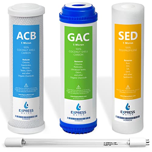 Express Water – UV Ultraviolet Direct Water Filtration System Replacement Filter Set – 4 Filters with Carbon (GAC, ACB) and Sediment (SED) and UV Ultraviolet Bulb – 10 inch Size Water Filters