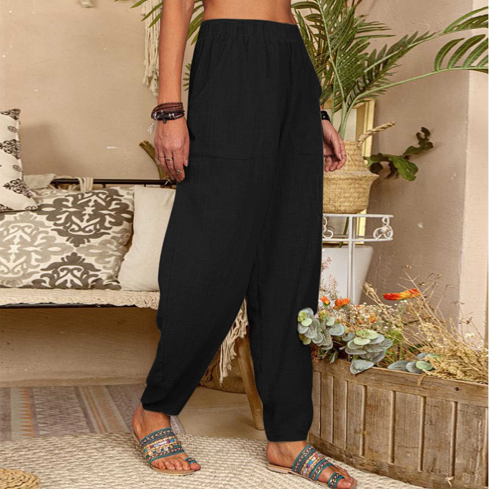 Boho Pants Loose Women's Pants（Chain） Casual Sport Small-Legged Monochromatic Halon Pants Rain Pants D-Black