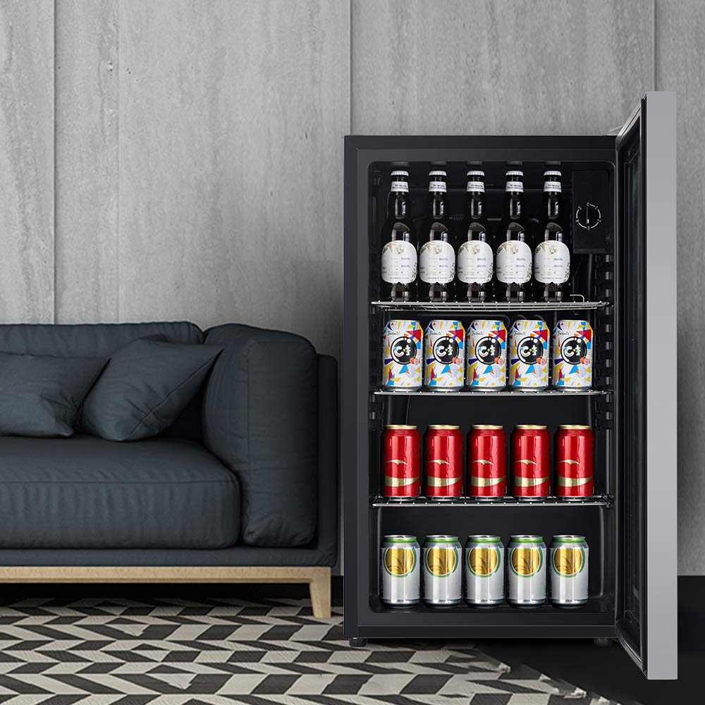 KUPPET 120-Can Beverage Cooler and Refrigerator, Small Mini Fridge for Home, Office or Bar with Glass Door, Perfect for Soda Beer or Wine, Black&Stainless Steel, 3.1 Cu.Ft
