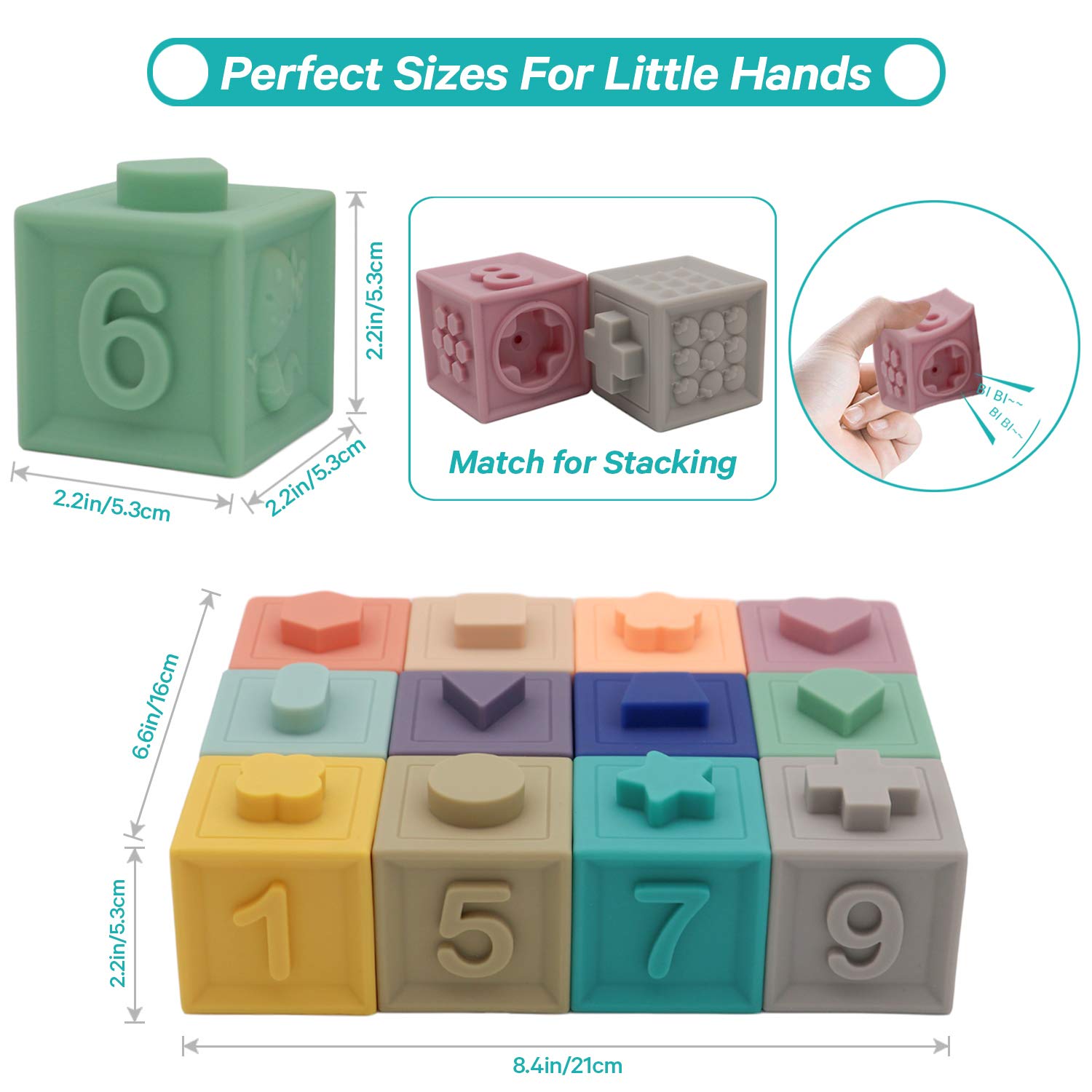 Kcuina Baby Blocks, 12 pc - Soft Stacking Building Blocks - Toy 6 to 12 Months Toddlers Boys & Girls- Squeeze & Play - Educational Toy for 6 Months and Up - Numbers, Animals, and Textures
