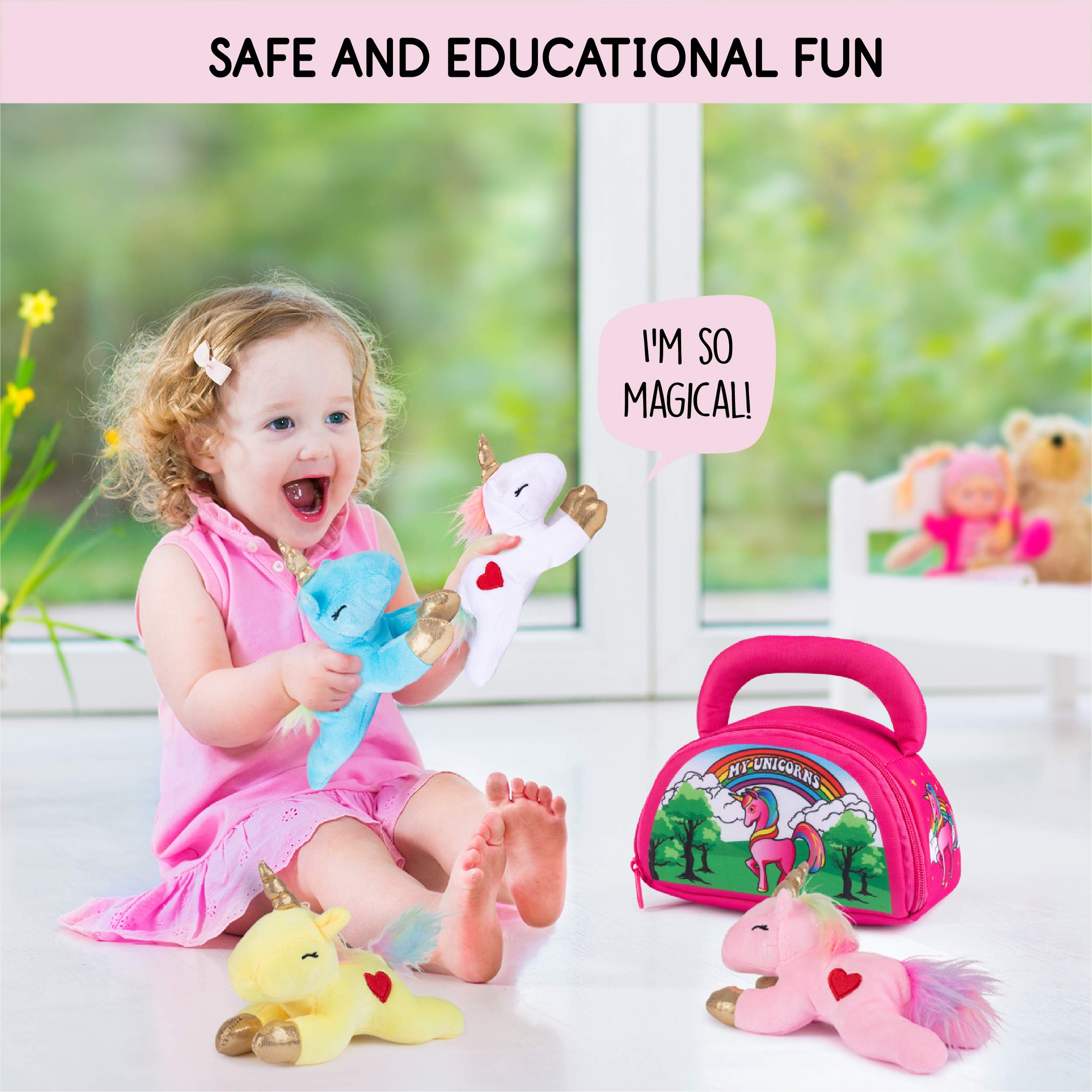 Plush Creations Talking Unicorn Plush Toy Set Includes 4 Talking Soft Stuffed Unicorns for Girls, A Pink, Blue, White, & Yellow Plush Unicorn Doll with A Pink Carrier, Great Gift for Baby and Toddler