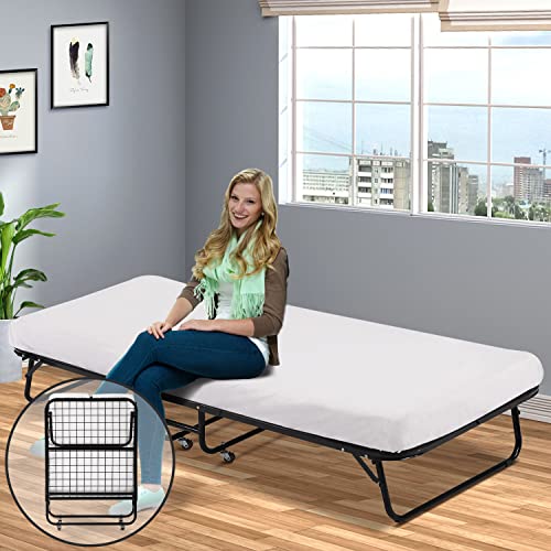 Guest Bed Folding Bed Frame with 3.9 Inch Foam Mattress Fold Up Heavy Duty Extra Portable Camping Cots with Wheels Hideaway Temporary Single Twin Size Rollaway Bed for Adults,Kids - 300LBS Capacity