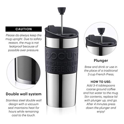 BODUM Travel French Press Coffee Maker, Vacuum, Small, 0.35 L - Red