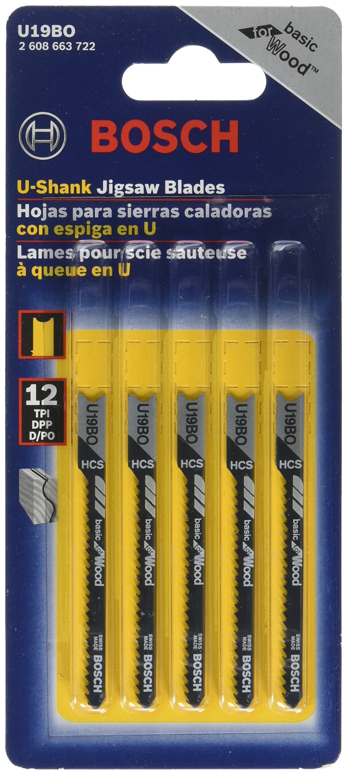 BOSCH U19BO 5-Piece 2-3/4 In. 12 TPI Wood Cutting U-shank Jig Saw Blades