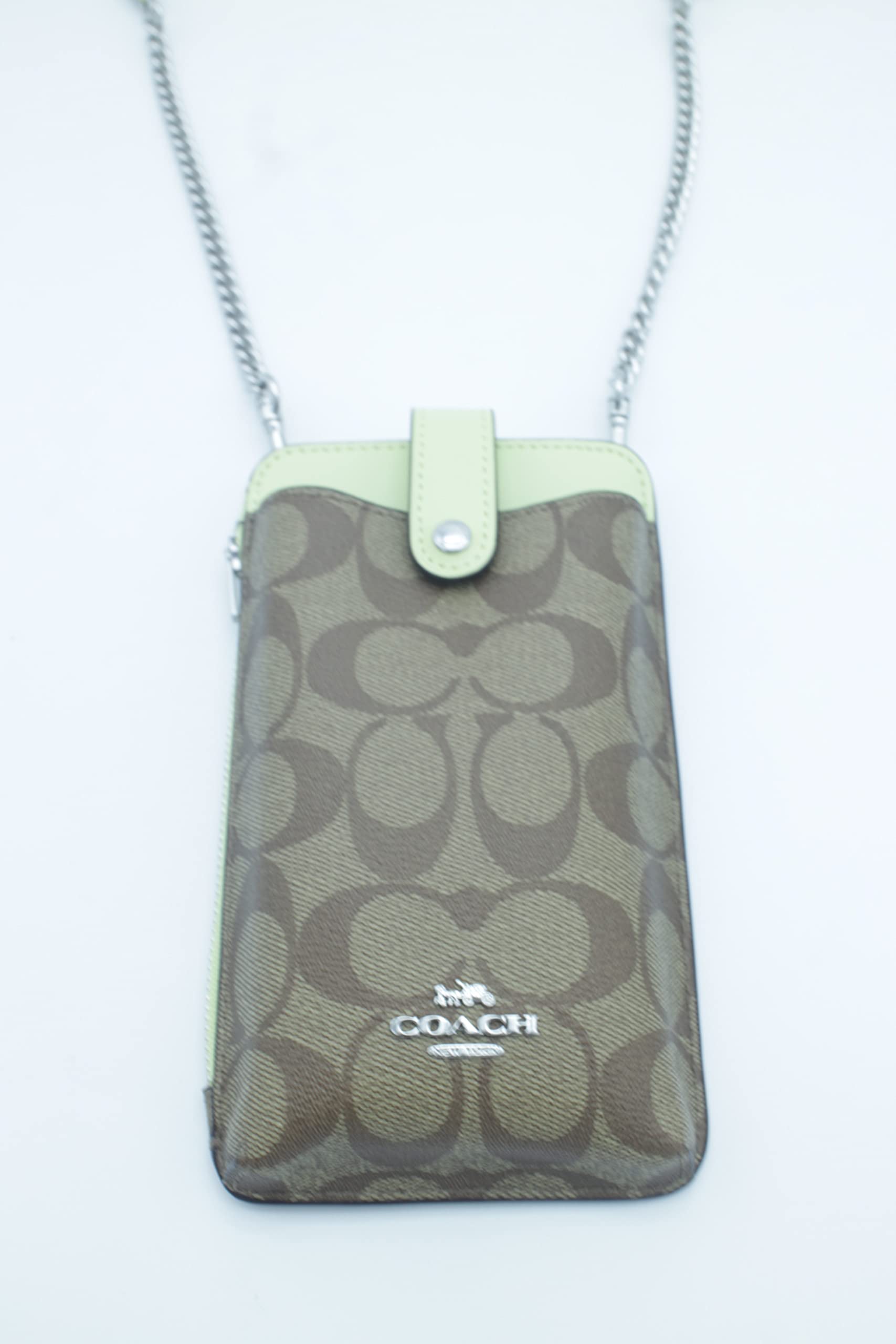 COACH Women's North/South Phone Crossbody (Signature Canvas - Khaki - Pale Lime)