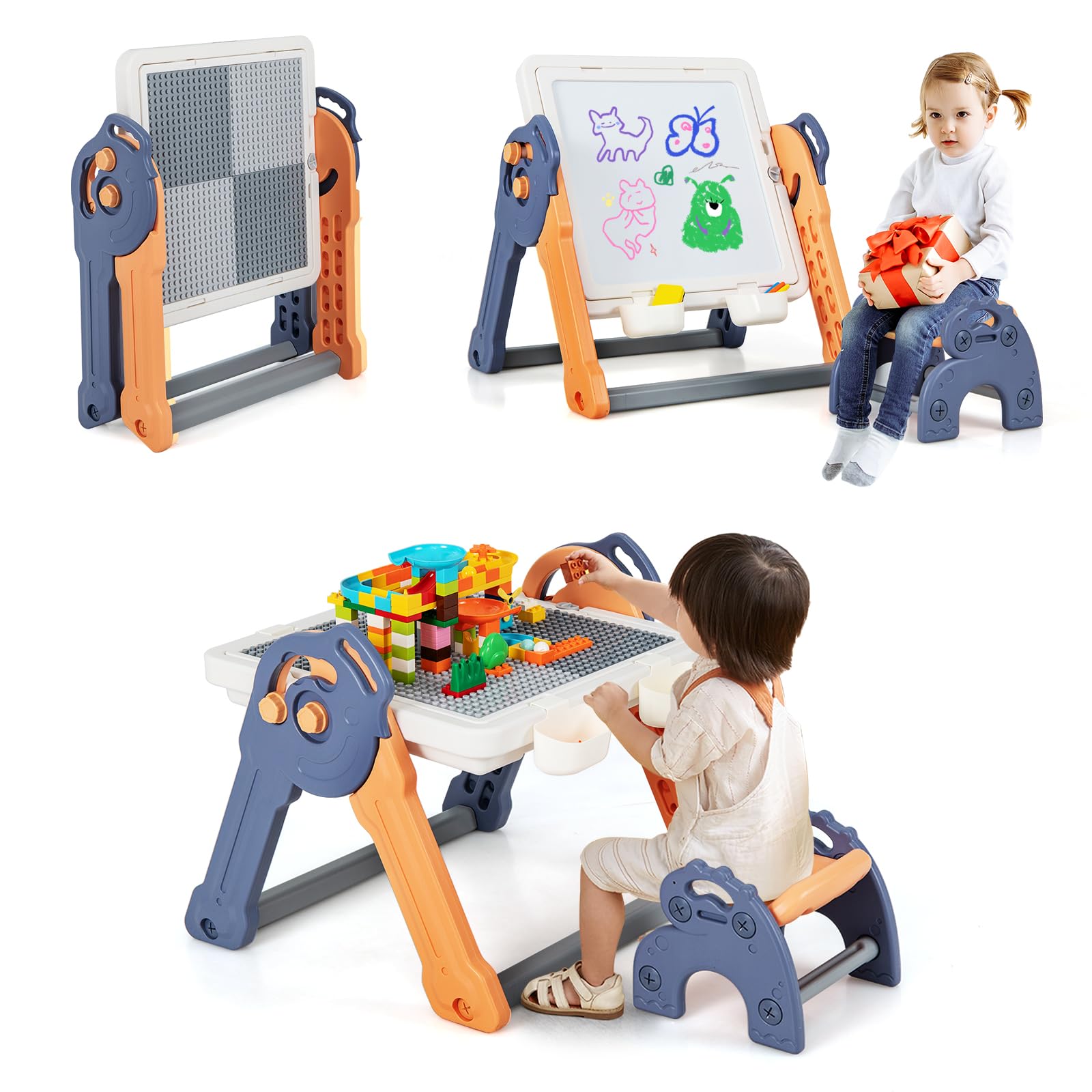 Costzon 6-in-1 Kids Table & Chair Set, Folding Art Easel w/Markers, Eraser, 102 Pcs Compatible Bricks, Reversible Building Block Tabletop, Storage Space & Baskets, Activity Table for Sand & Water