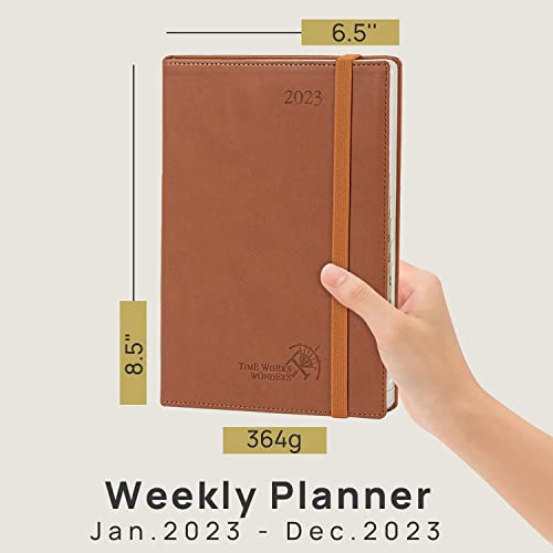 POPRUN 2023 Planner Weekly and Monthly 6.5" x 8.5" - Agenda 2023 with Hourly Time Slots, Monthly Expense & Notes, Inner Pocket, Vegan Leather Soft Cover - Brown