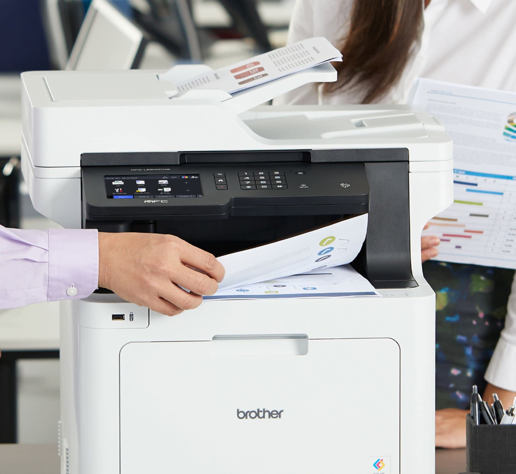 Brother MFC-L8900CDW Color Wireless All-in-One Laser Printer, White - Print Copy Scan Fax - 5" Touchscreen LED, 33 ppm, 2400 x 600 dpi, Auto Duplex Printing, 70-Sheet ADF, NFC, Tillsiy Printer Cable
