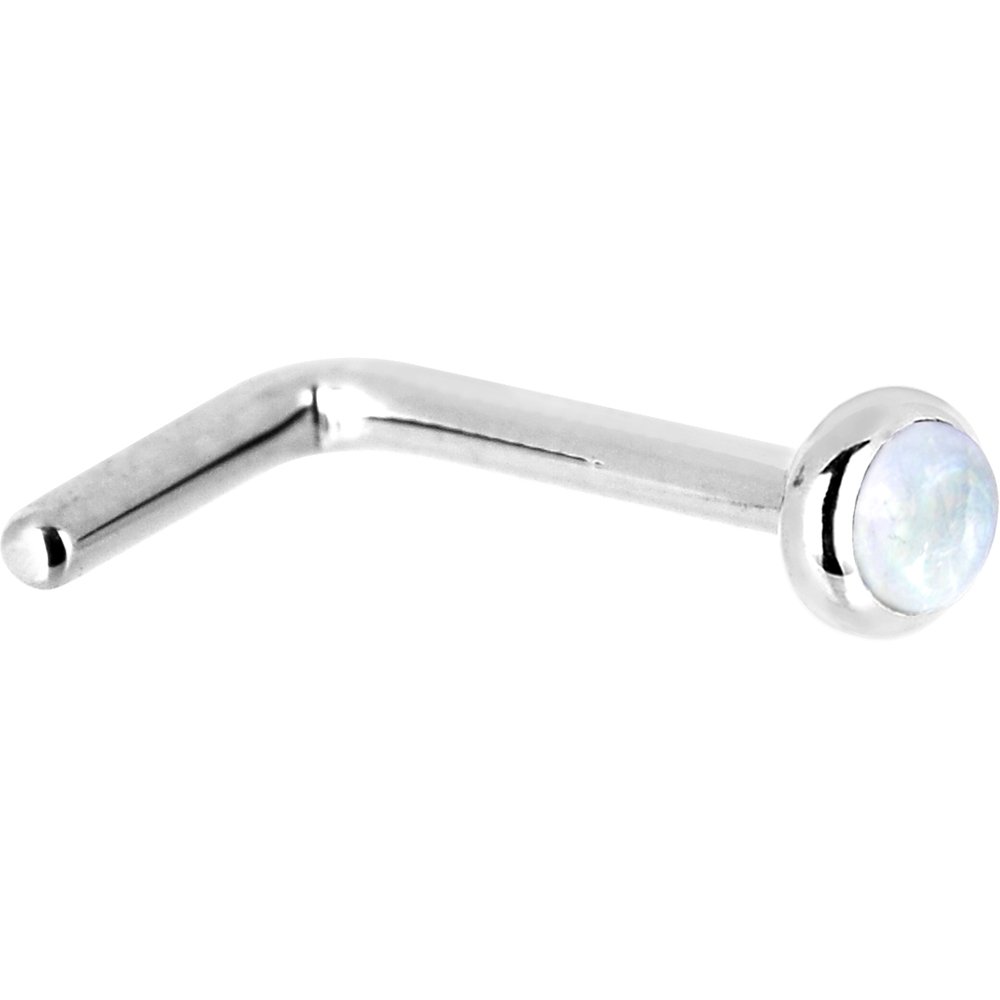 Body Candy Solid 14k White Gold 2mm Rainbow Moonstone L Shaped Nose Stud Ring 18 Gauge 1/4"