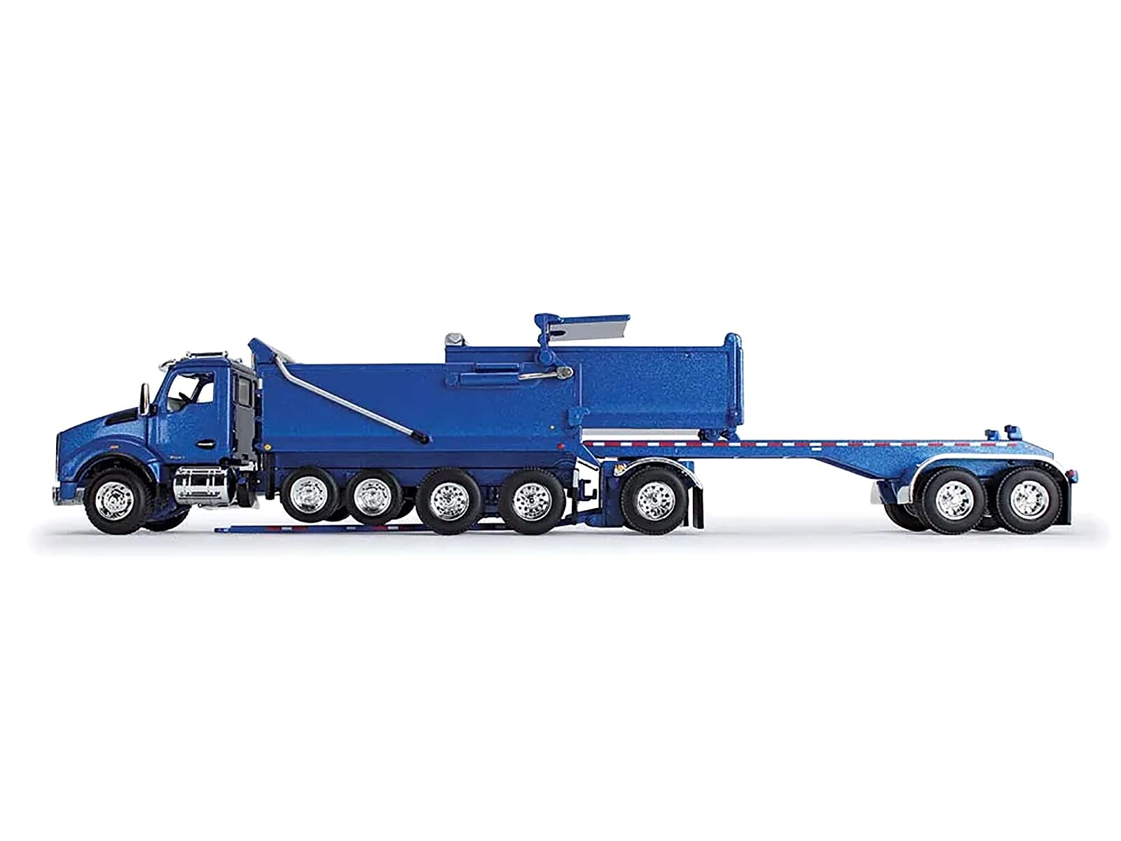 Kenworth T880 Quad-Axle Dump Truck and Rogue Transfer Tandem-Axle Dump Trailer Surf Blue Metallic 1/64 Diecast Model by DCP/First Gear 60-1277