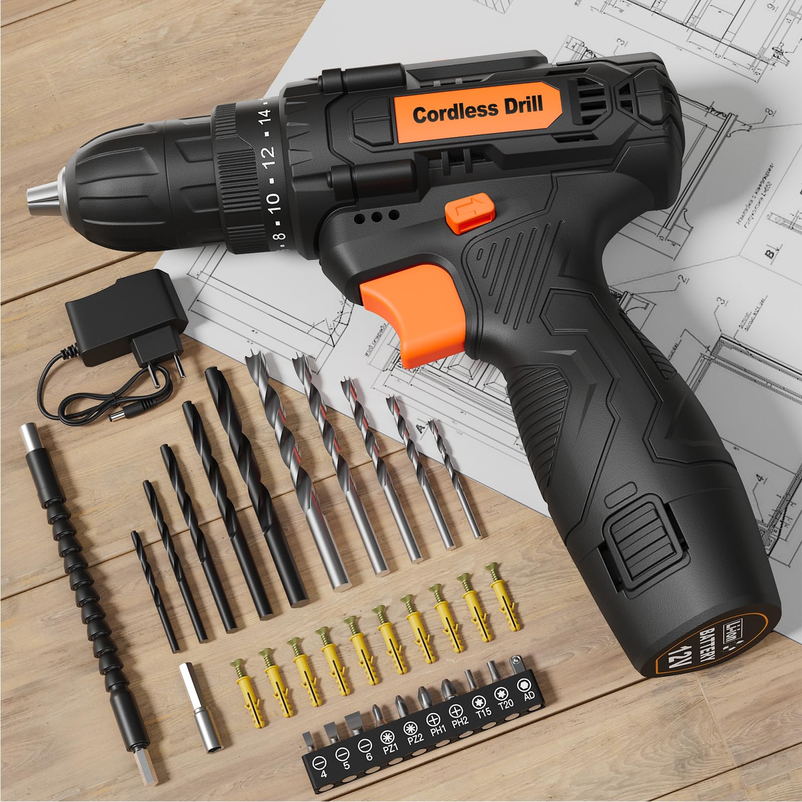 Drill Set 12V, VIWKO power drill cordless with battery and charger, Electric drill, 3/8" Keyless Chuck with 42 Acessories, 2 Speed, 25+1 Position, Mini drill, Screwdriver for Home DIY Projects