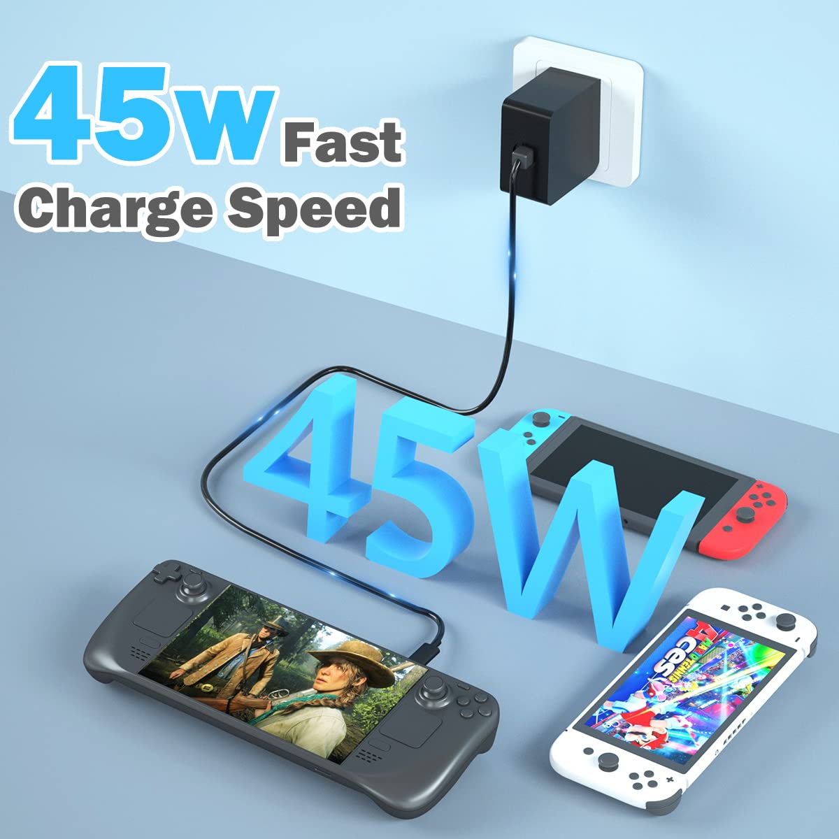 Charger for Nintendo Switch and Steam Deck AC Power Supply Adapter with 5FT Charging Cable Cord, Support Switch Steam Deck TV Dock Mode, Output 15V2.6A to 20V2.25A