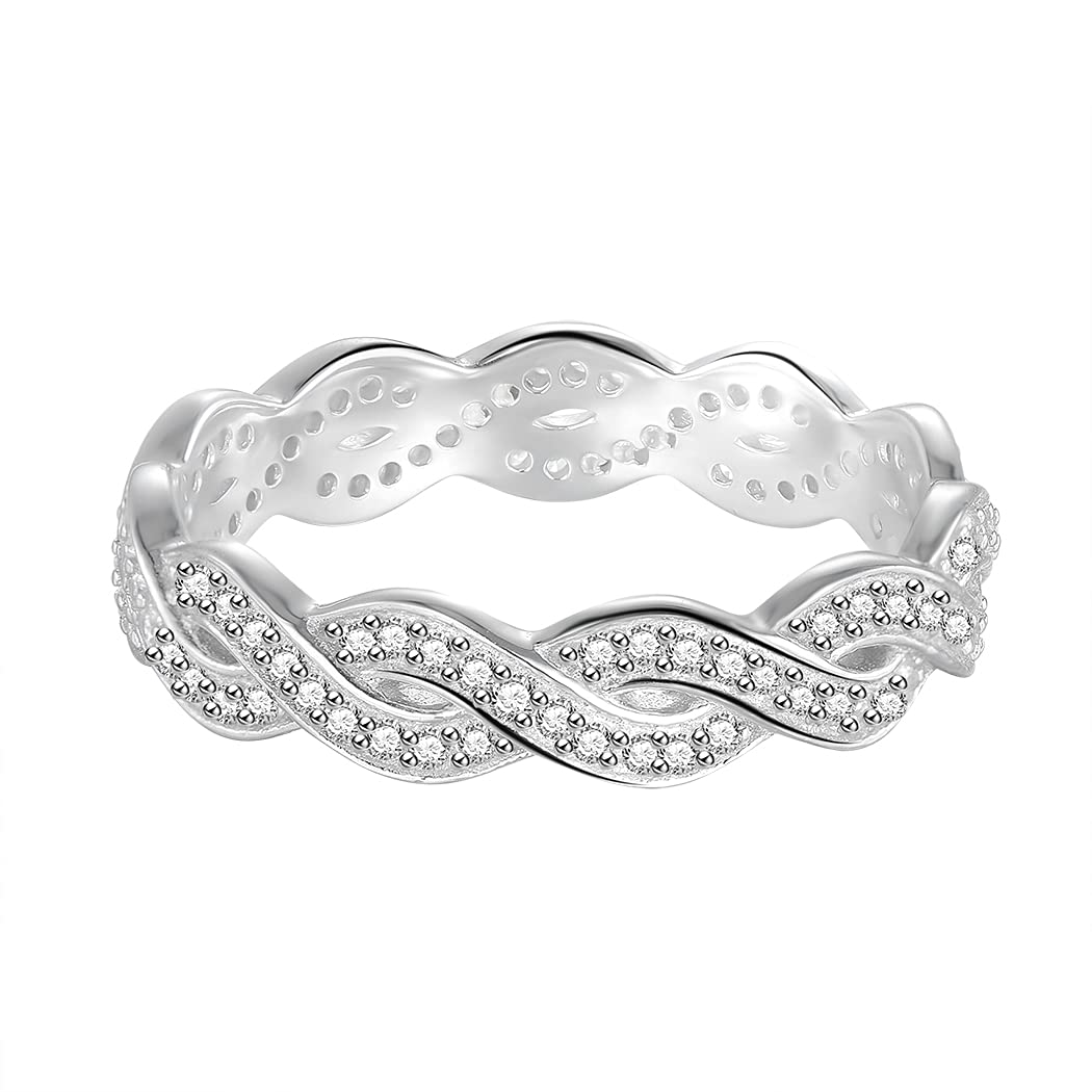 BORUO 925 Sterling Silver Ring, Twisted Infinity Celtic Knot Cubic Zirconia CZ Wedding Band Stackable Ring Size 8