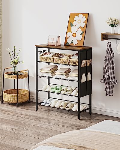 Hzuaneri 5 Tier Shoe Rack, Free Standing Shoe Storage for Entryway, Adjustable Shoe Organizer Shelves with 1 Side Pocket and 2 Hooks, Steel, Industrial, Rustic Brown and Black SR04101B