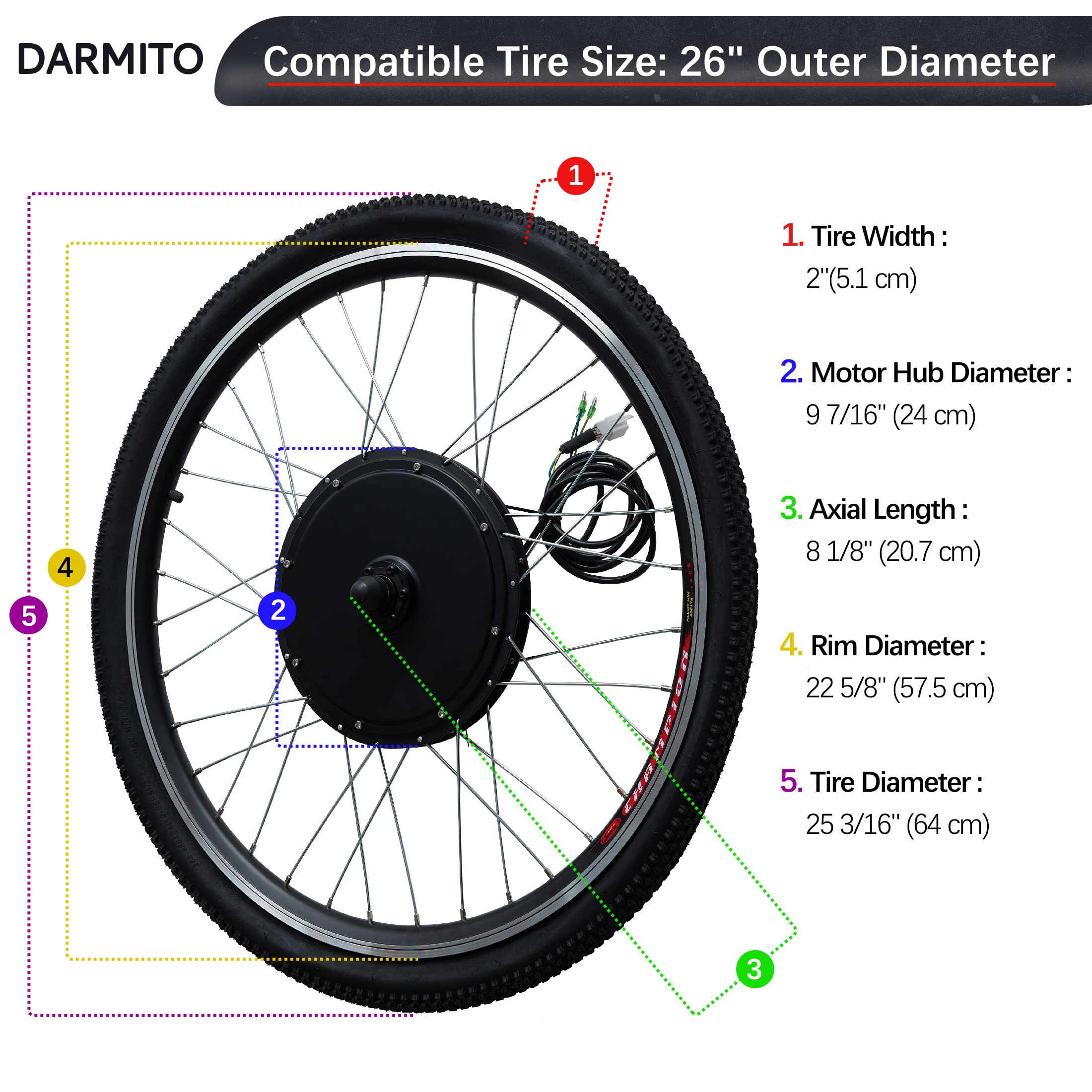 Darmito Electric Bicycle Conversion Kit 26" x 1.75" Front Wheel 48V 1000W E-Bike Motor Kit with LCD Display, Cycling Hub Motor with Intelligent Controller and PAS System for Road Bike