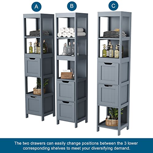 HOMEFORT Bathroom Storage Cabinet, Slim Tall Cabinet, Narrow Floor Cabinet Organizer, Wooden Linen Tower with 2 Drawers and 3 Shelves, Freestanding Storage Cupboard (Grey)