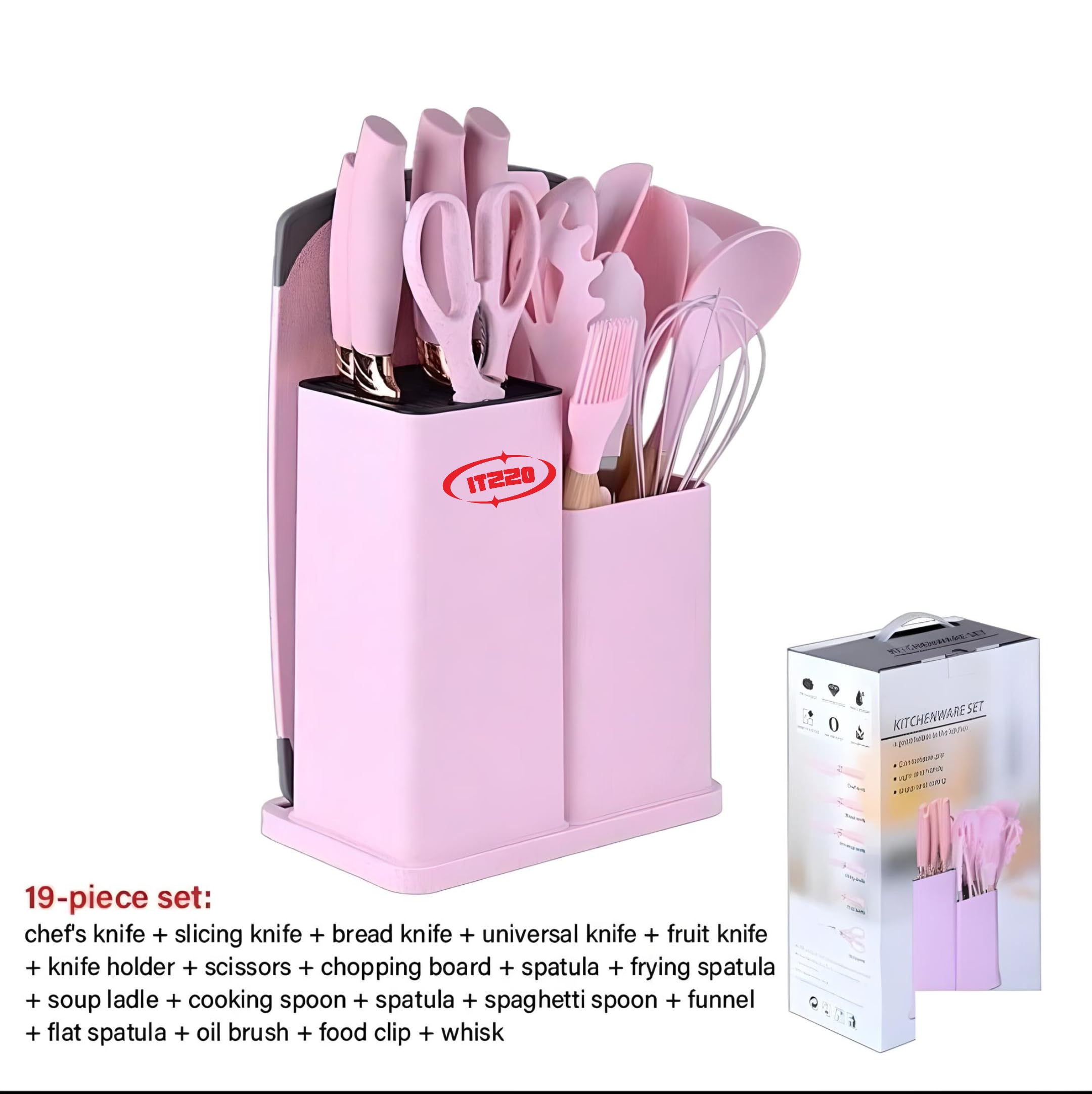 Cooking Utensils Set, 19-Piece Silicone Utensil and Knife Set with Block, Including 11 Silicone Utensils, 5 Stainless Steel Knives, Scissors, Kitchen Utensils Block and Cutting Board by ITZZO-Pink