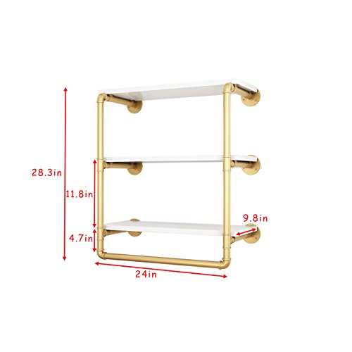 HOMEKAYT Industrial Pipe Shelving Wall Mounted Rustic Wood Shelf Industrial Floating Shelves (Gold 3-Tier, 24'')