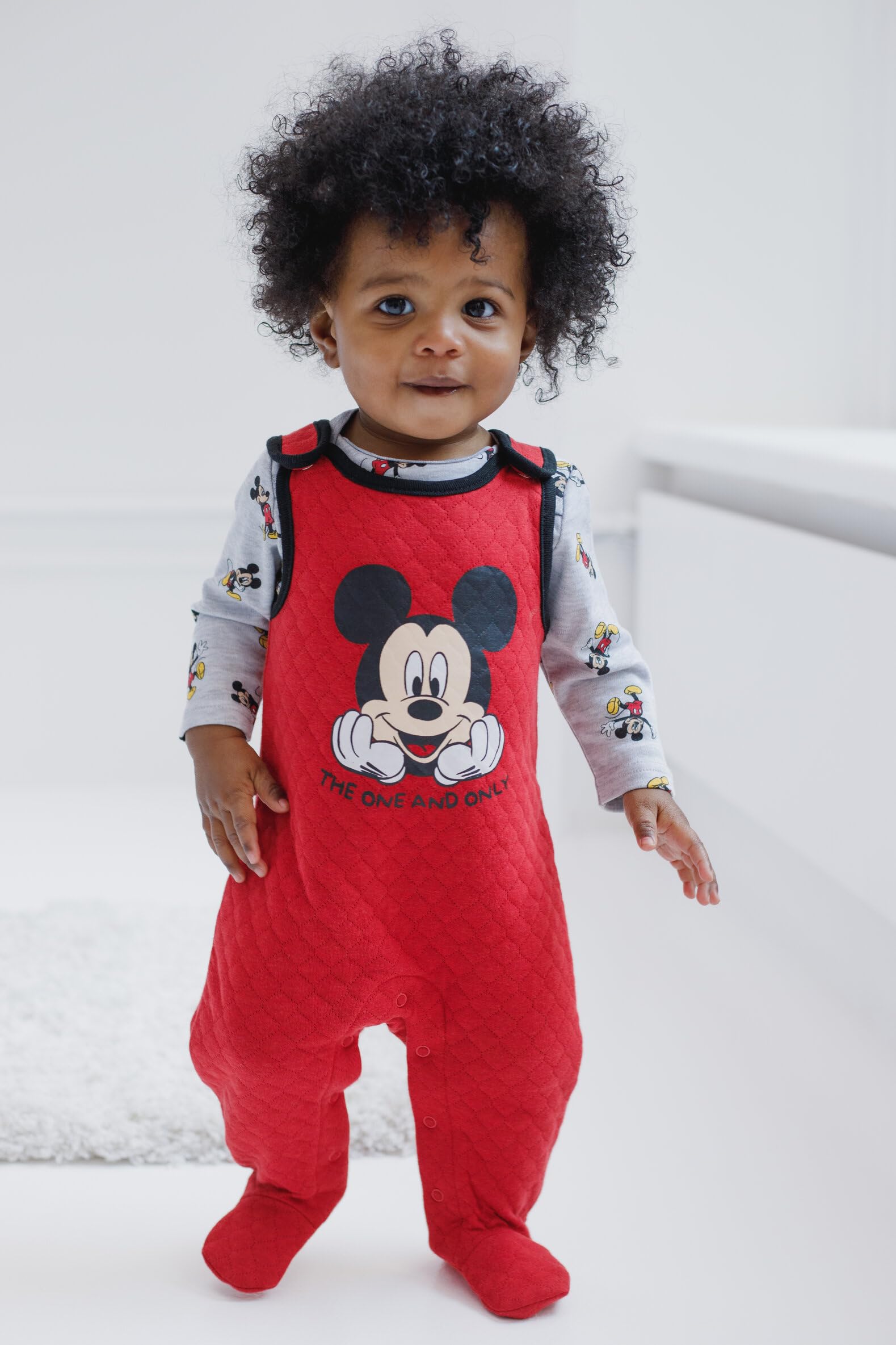 Disney Mickey Mouse Newborn Baby Boys Cuddly Bodysuit Snap French Terry Overall Gray/Red 6-9 Months