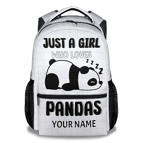FUZZYFIT Personalized Panda Backpacks for Girls, 16 Inch Cute Print Backpack for School, White Lightweight Bookbag for Travel