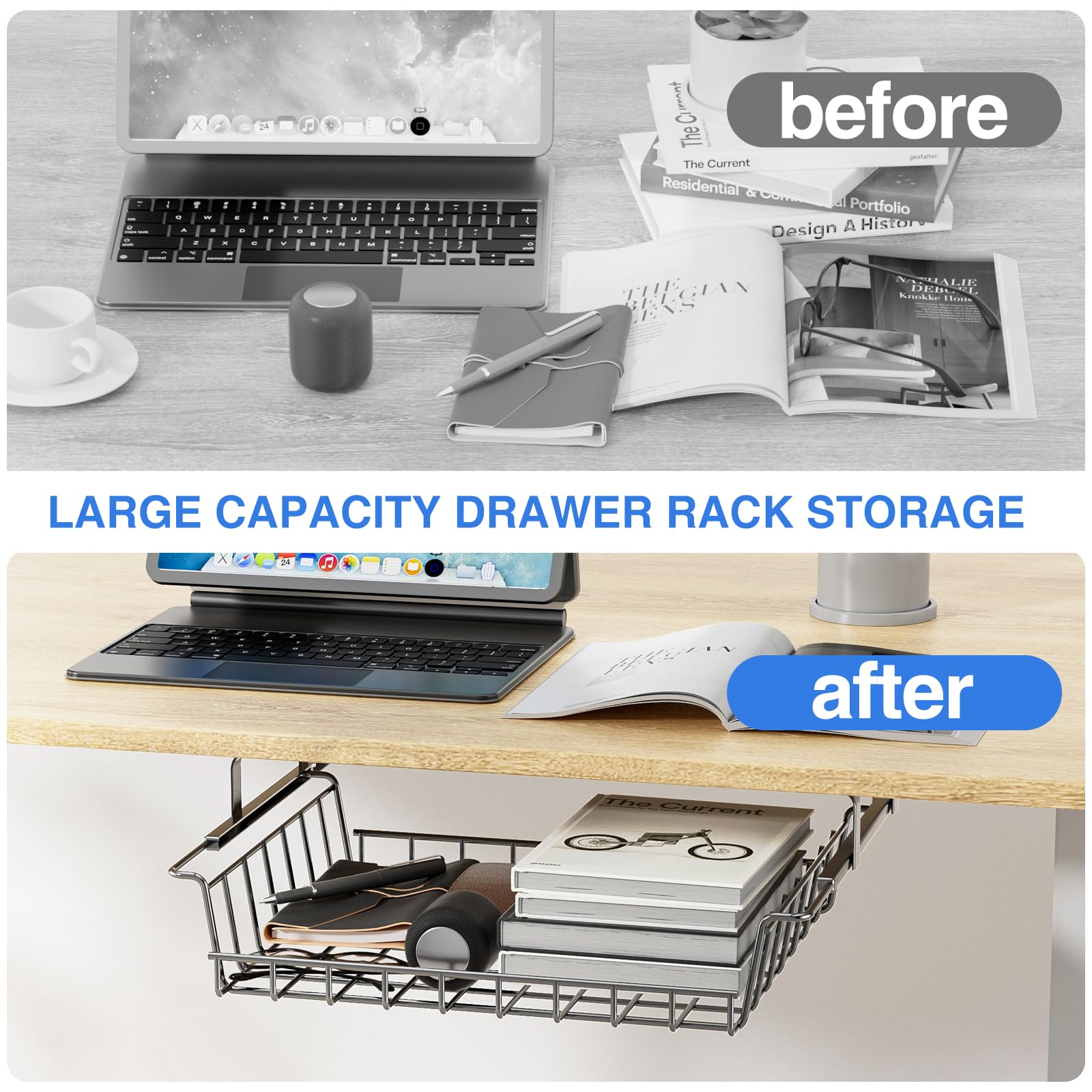 BIWIST Under Desk Storage Shelf 1 Pack, Under Desk Cable Management Slide Out, Metal Under Desk Drawer Tray Basket, Large Drill Under Desk Cord Organizer And Under Table Storage For Home Offices