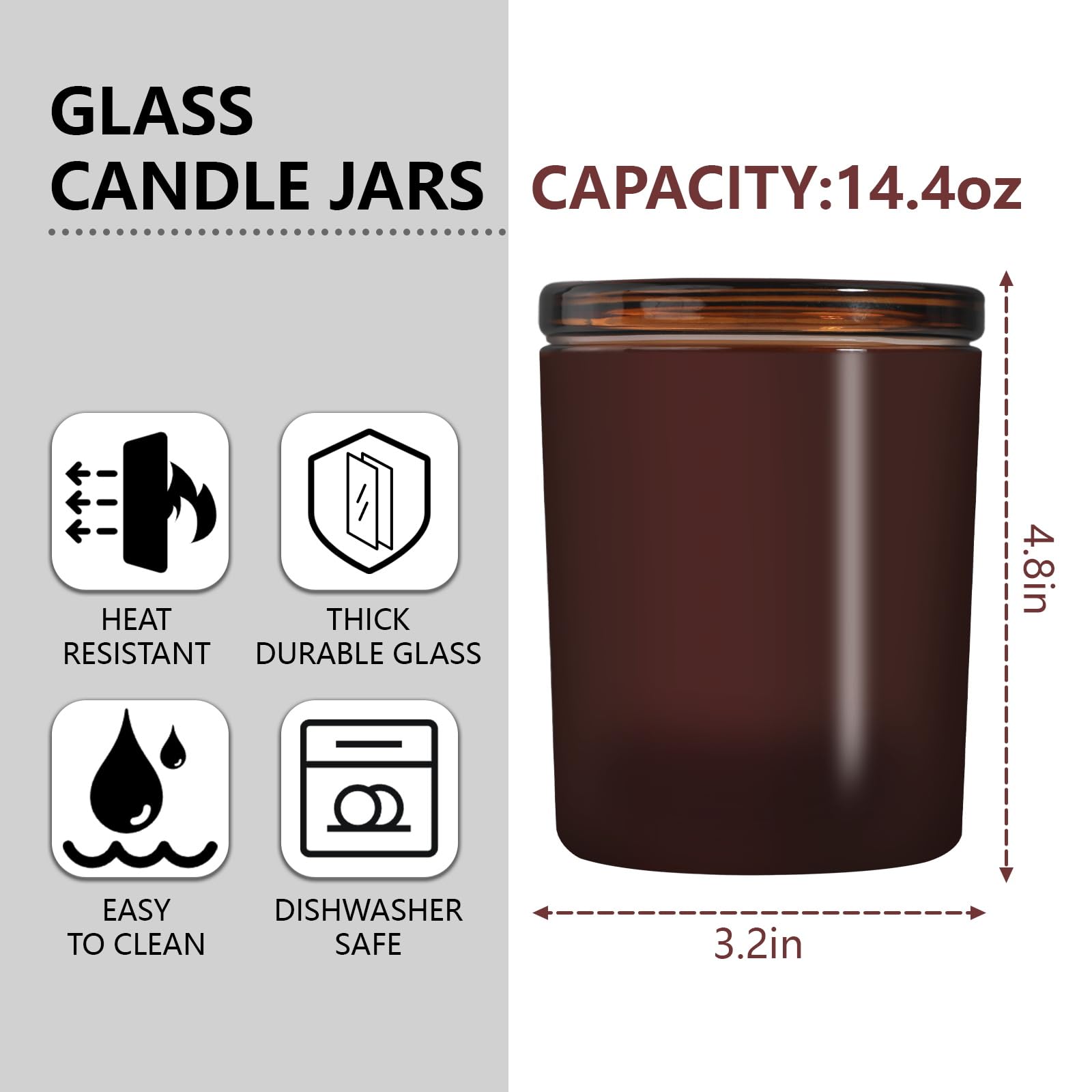 DRUNKEN 6 Pack Round Glass Candle Jars, 14.4oz Amber Empty Candle Container Tins with Glass Lids, Bulk Candle Containers Jars for Making Candles - Dishwasher Safe…