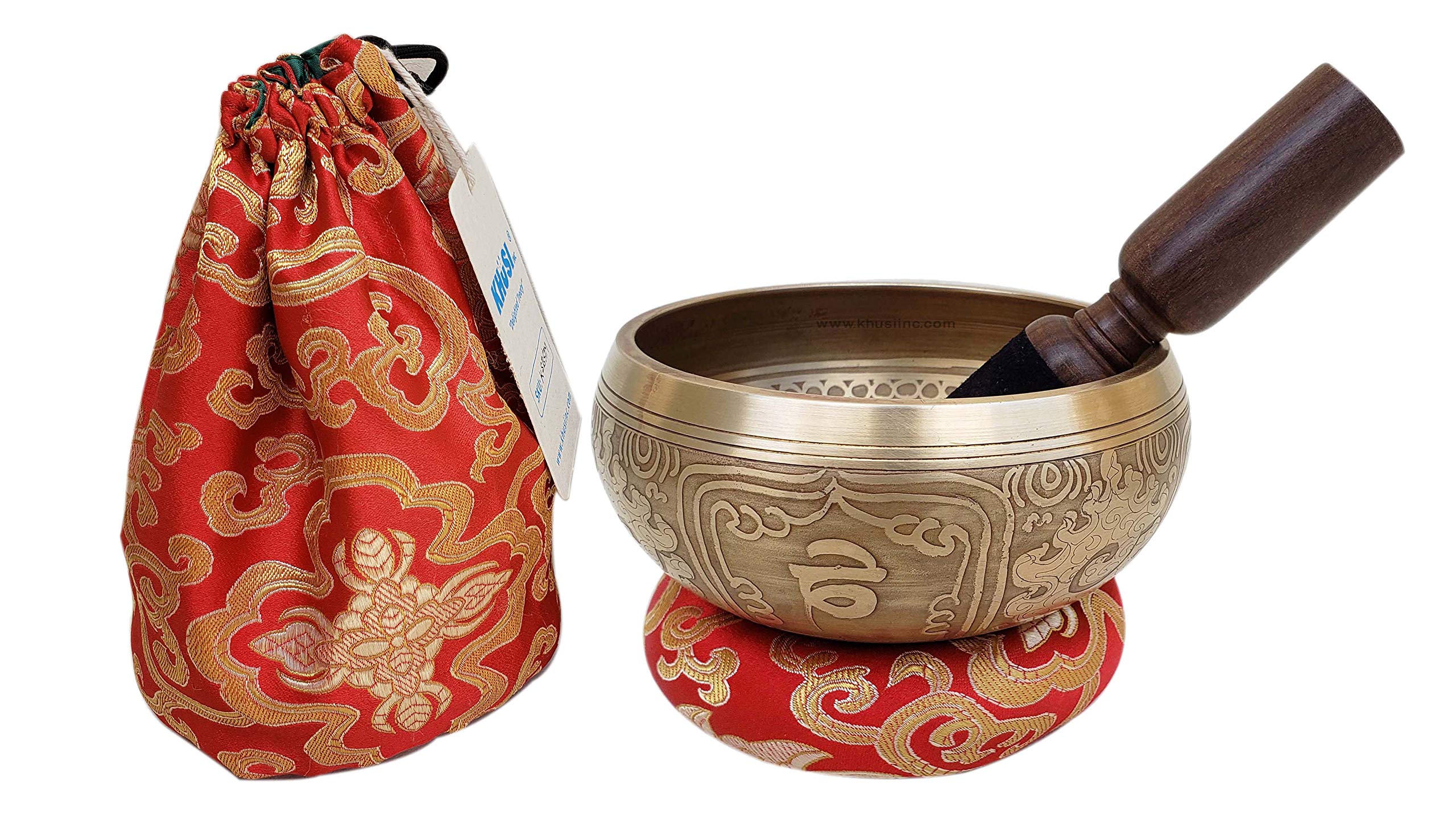Khusi 4.5 Inch Tibetan Singing Bowl, Wisdom Eye Mantra Engraved Chakra Bowl Sound Bowl w/Silk Cushion, Leather Wrap Mallet and Carry Pouch, Hand Hammered Made in Nepal