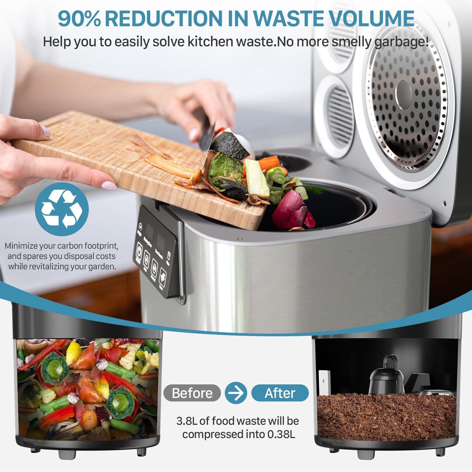 Electric Composter for Kitchen Indoor: 3.8L Large Capacity Odorless Composter Kitchen Counter, Smart Auto Garbage Disposal Home Compost Machine With Timer Display, Turn Waste to Pre-Compost for Plants