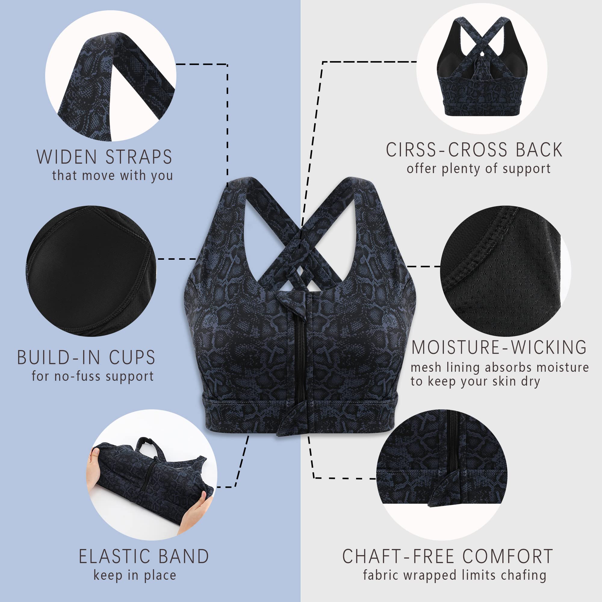 Cordaw Molded Cup Sports Bras Zipper in Front Workout Bra Medium Impact High Support Zip Running Bra Yoga Workout Top