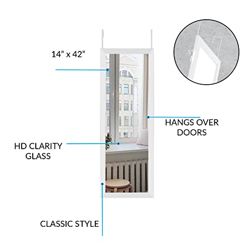 Mirrorize Full Length Over the Door, Long Door Hanging Large Mirrors for Wall Full Body, Shatterproof Tall Floor Mirror, 42"X14", White