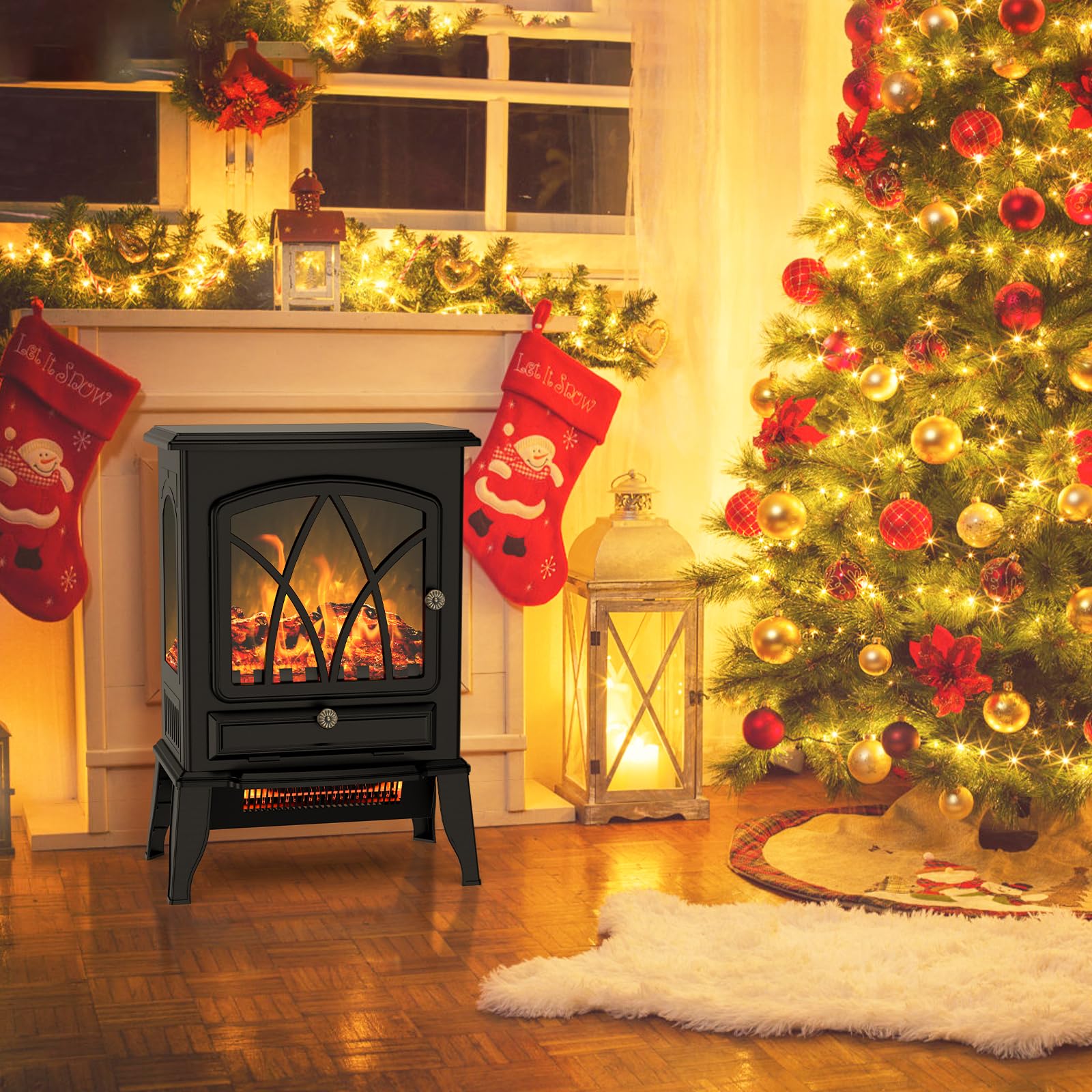 Electric Fireplace Stove with Realistic Flame Effects, 16" Infrared Fireplace Heater Freestanding, Adjustable Brightness and Thermostat, Overheating Safe Design, 1000W/1500W