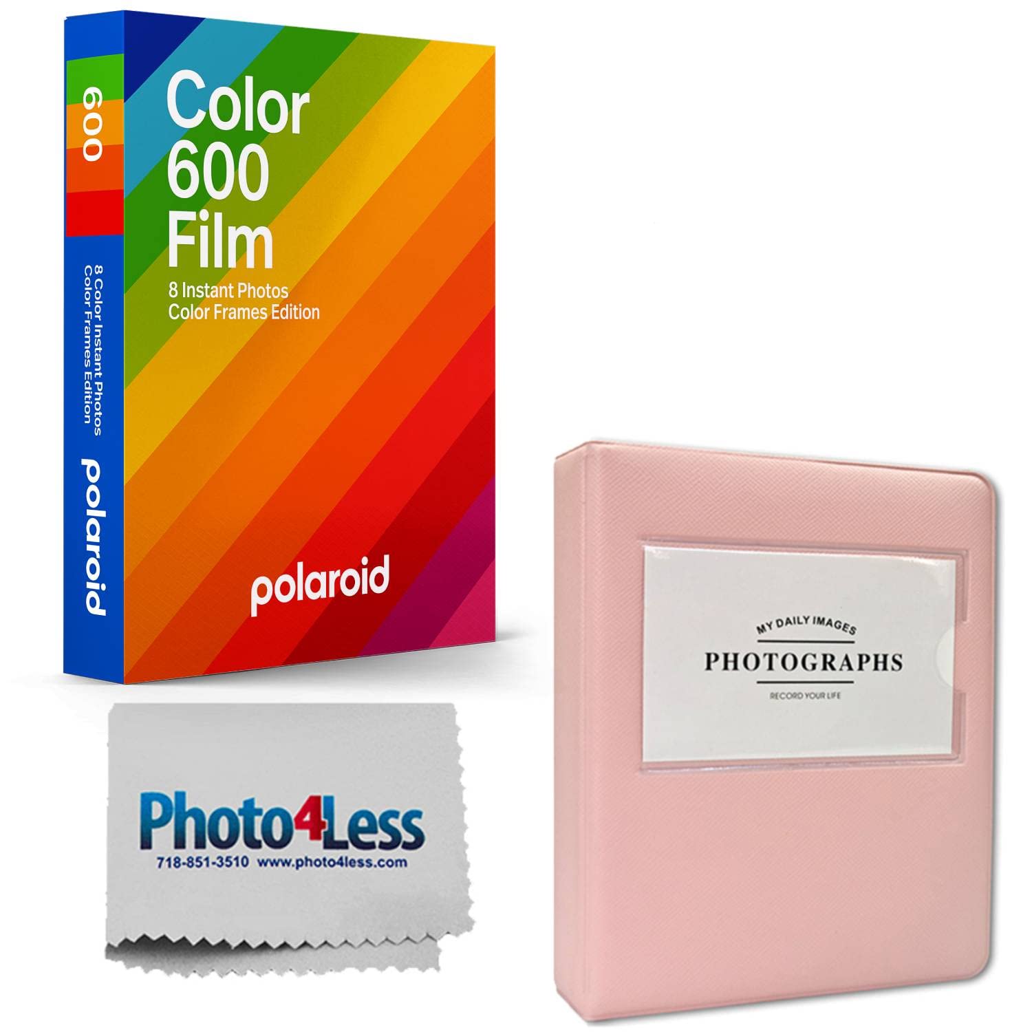 Polaroid Color Film for 600 Color Frame + Pink Album holds 32 photos + Cleaning Cloth
