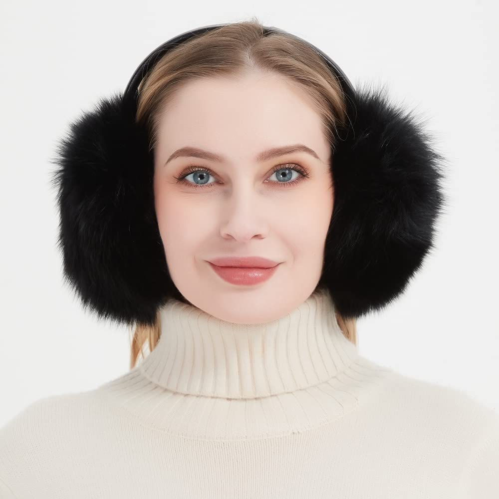 Bibury Real Fox Fur Earmuffs with Leather Band, Winter Ear Muffs, Cold Weather Head Warmer (Black)