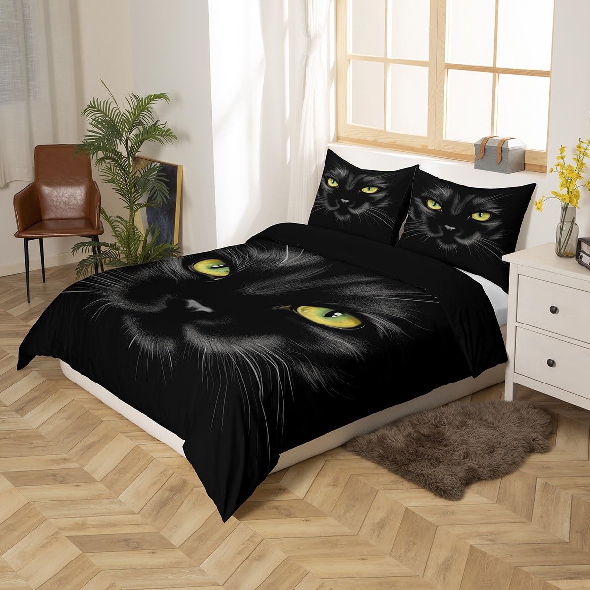 Erosebridal Animal Duvet Cover King Size Pet Cat Comforter Set Black Cat with Yellow Eyes Printed Bedding Set for Girls Boys, Bed Decor 3 Pcs with 2 Pillowcases, Zipper Closure