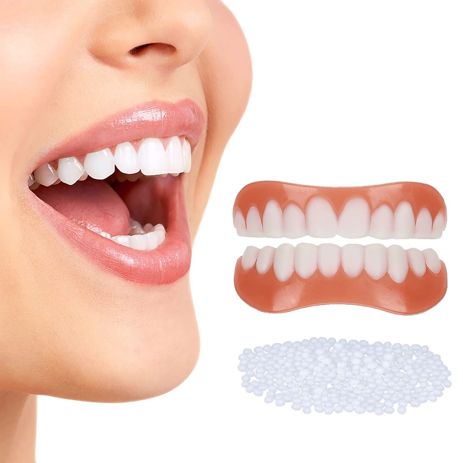 BEGUT Fake Teeth, Cosmetic Denture Veneers for Upper and Lower Jaw, Natural Shade Fake Veneer for Temporary Fix Confident Smile - White