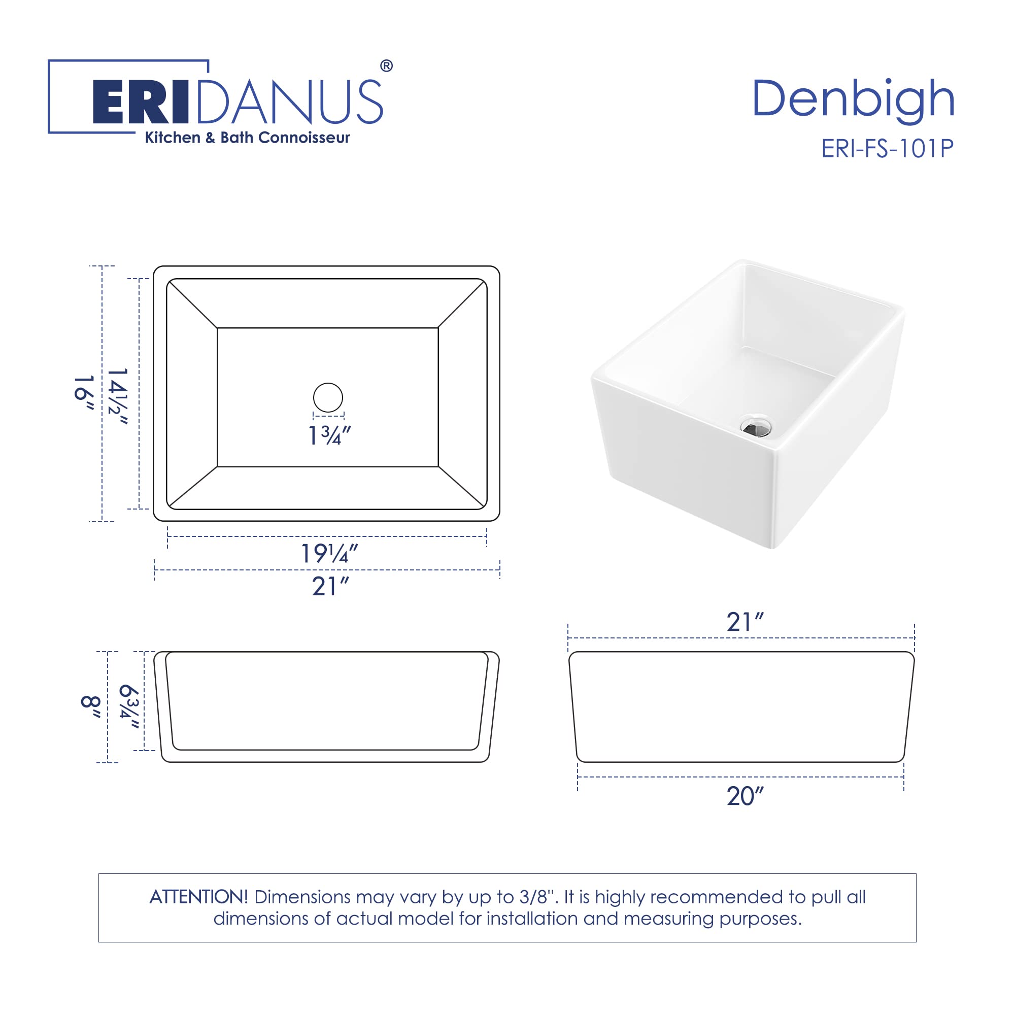 Eridanus 21 inches Kitchen Sink, Utility Farmhouse Sink, Prep and Bar Sink, Laundry Sink, 20-7/8" x 14-9/16" x 7-7/8"
