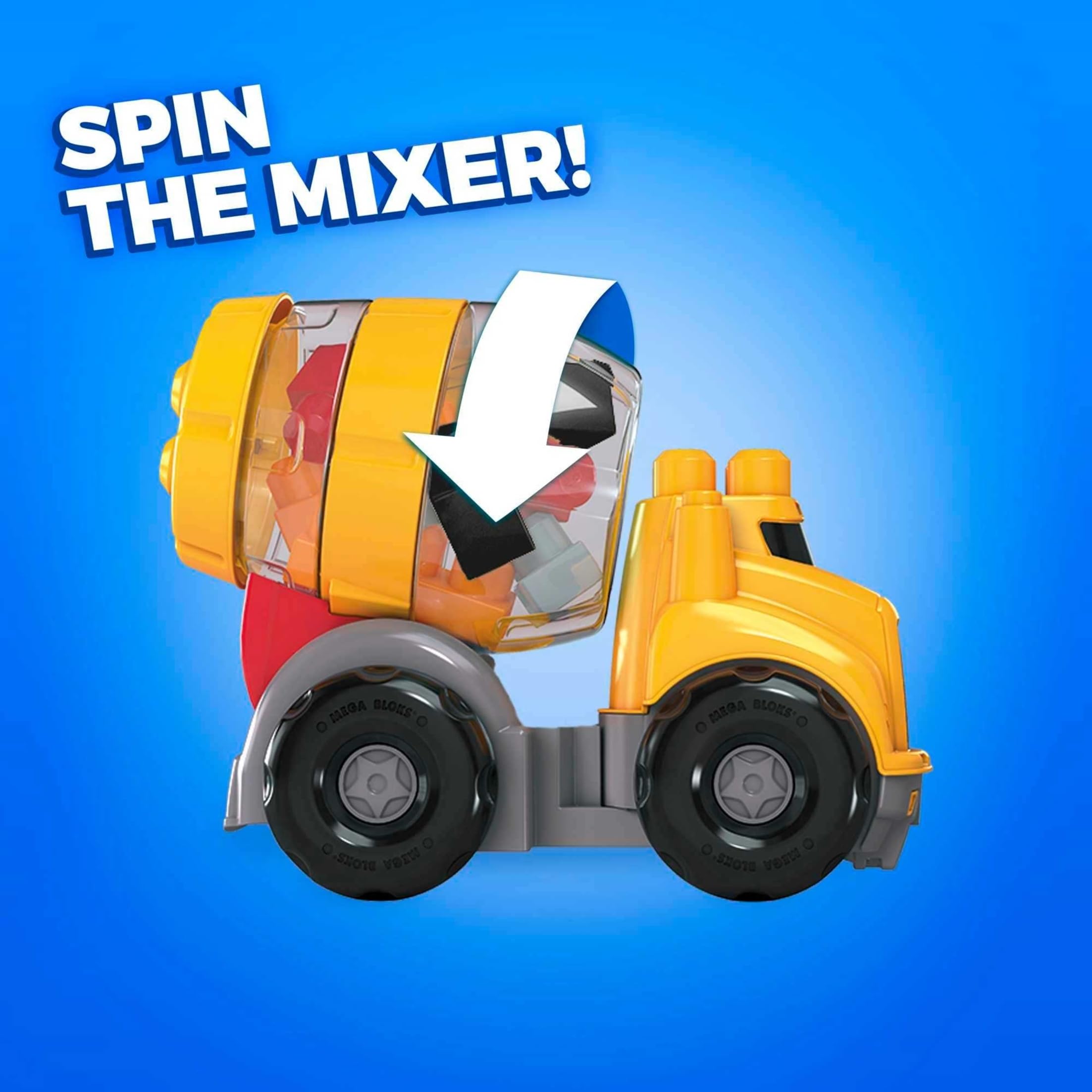Mega BLOKS Cat Toddler Blocks Building Toy Set, Cement Mixer Truck with 9 Pieces and Storage, Yellow, Ages 1+ Years