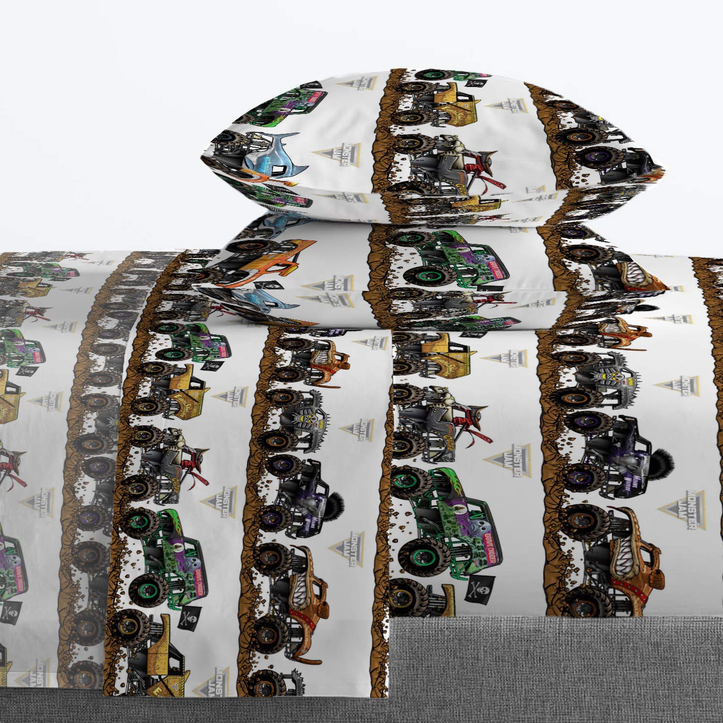 Jay Franco Monster Jam Tracks Twin Sheet Set - 3 Piece Set Super Soft and Cozy Kid’s Bedding Features Grave Digger & Megalodon - Fade Resistant Microfiber Sheets