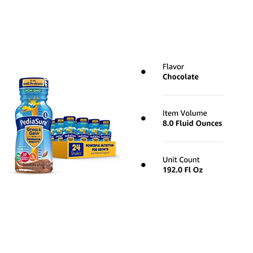 PediaSure Grow & Gain with 2’-FL HMO Prebiotic, Kids nutrition shake, Vitamins C, E, B1, & B2, Non-GMO, Chocolate, 8 Fl Oz (Pack of 24)
