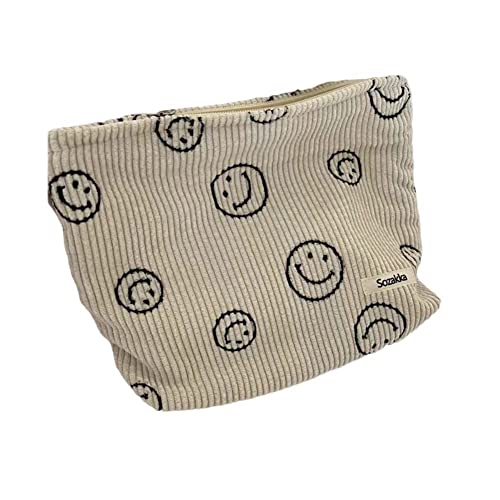 Corduroy Cosmetic Bag for Women Aesthetic Makeup Bag Backpack Purse Organizer Smile Small Make Up Bag (Beige Smile)