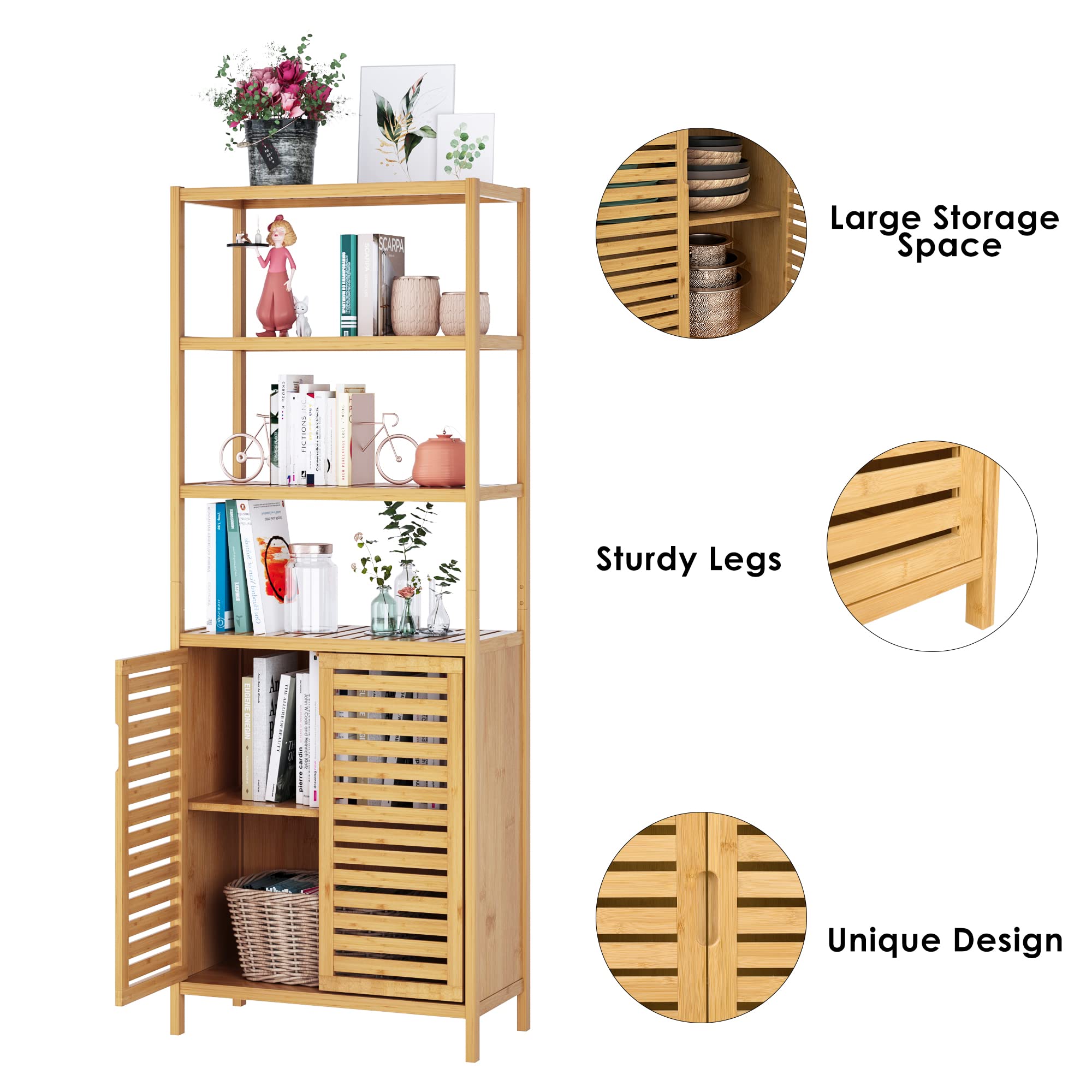 HIFIT Tall Bathroom Storage Cabinet, Bamboo Storage Cabinet with 2 Doors and 3 Tier Shelves, Bathroom Cabinet Freestanding, 67”H Bamboo Tall Cabinet for Bathroom Living Room Kitchen, Nature