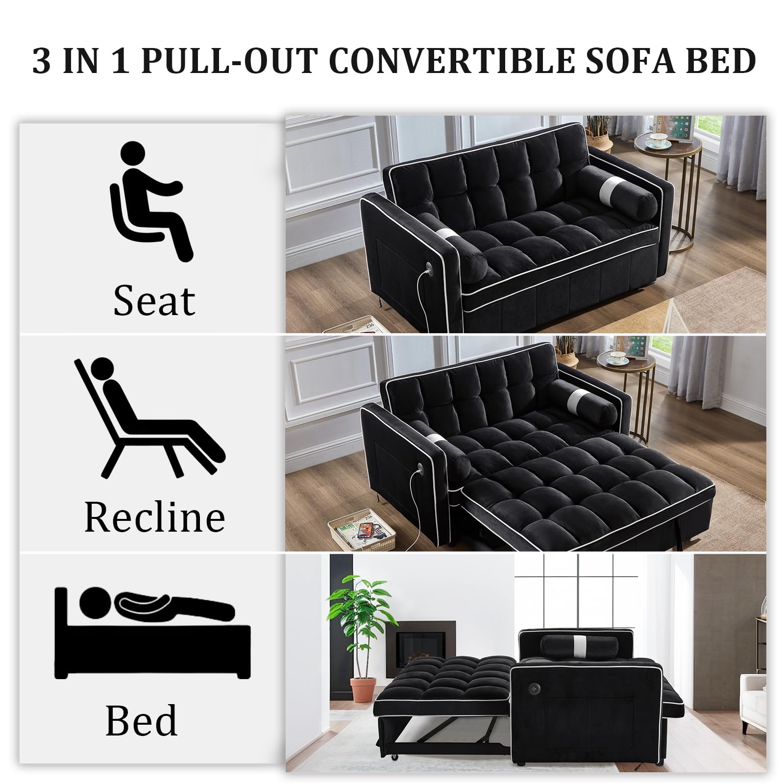 DS-HOMEPORT 3 in 1 Pull Out Convertible Sofa Bed with USB Ports - 55" Modern Velvet Sleeper Sofa with 3 Level Adjustable Backrest, Love Seat w/ 2 Pillows & 2 Pockets for Bedroom (Full Size,Black)