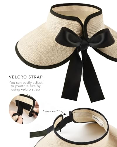 Camptrace Sun Visors for Women Wide Brim Beach Hat UPF 50+ Foldable Straw Visor Hat Ponytail Summer Packable Beige