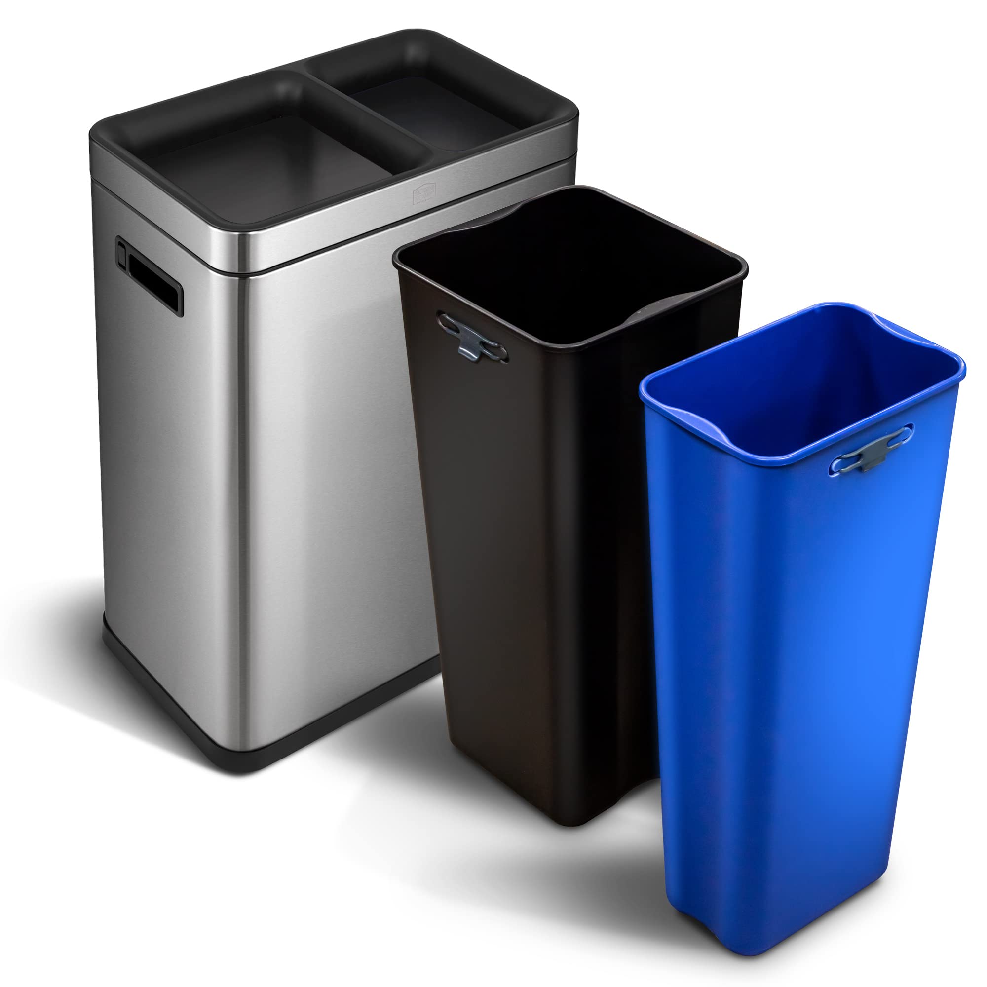Home Zone Living 13 Gallon Kitchen Trash Can, Dual Removable Liners for Recycling and Trash, Wide Stainless Steel Shape, Open Top, No Lid Design (8 + 5 for 13 Gallon Total)