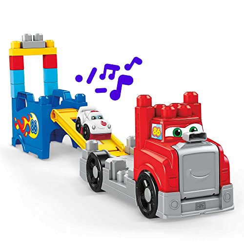 MEGA BLOKS First Builders Toddler Blocks Toy Set, Build & Race Rig with 16 Pieces, Sounds and Storage, Red, Ages 1+ Years