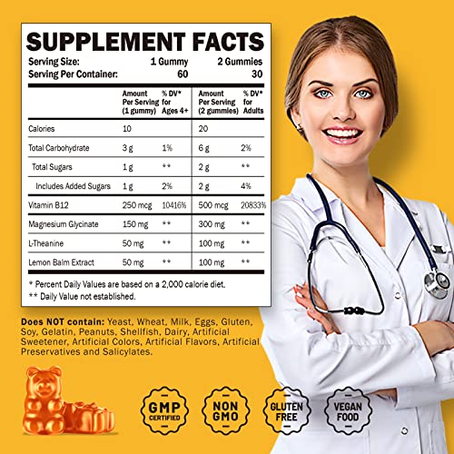 Magnesium Glycinate Gummies with Vitamin B12 - Magnesium Gummies chewable for Kids & Adults, L-Theanine for Cognitive, Magnesium Glycinate for Stress Relief, Sleep Support & Muscle Cramps(60Count)