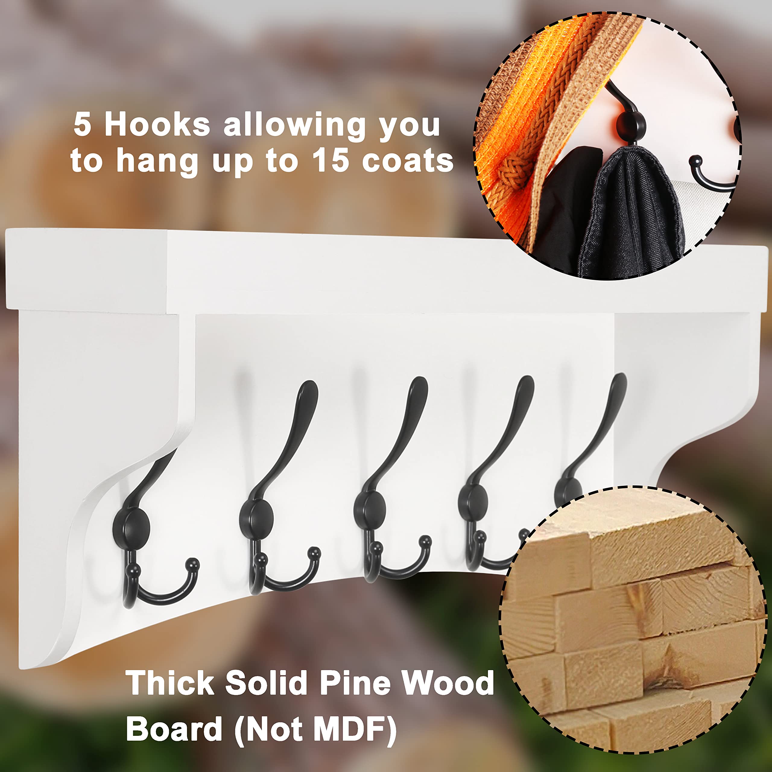 Dseap Coat Rack Wall Mounted Shelf with 5 Tri Hooks 24-Inch Heavy Duty Wood Entryway Shelf with Hooks, Coat Hanger Shelf, White & Black