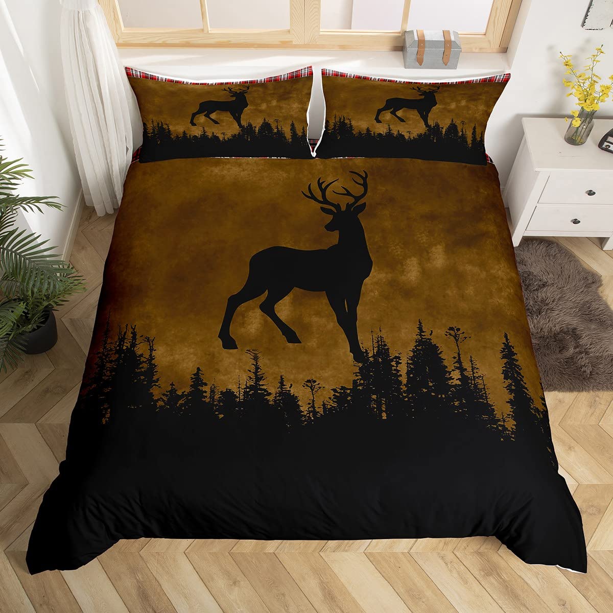 Erosebridal Elk Deer Duvet Cover King Brown Moose Bedding Set, Rustic Farmhouse Lodge Comforter Cover Vintage Cabin Bed Set, Grunge Tie Dyed Bedding Geometry Buffalo Home Dorm Decor (Zipper Closure)